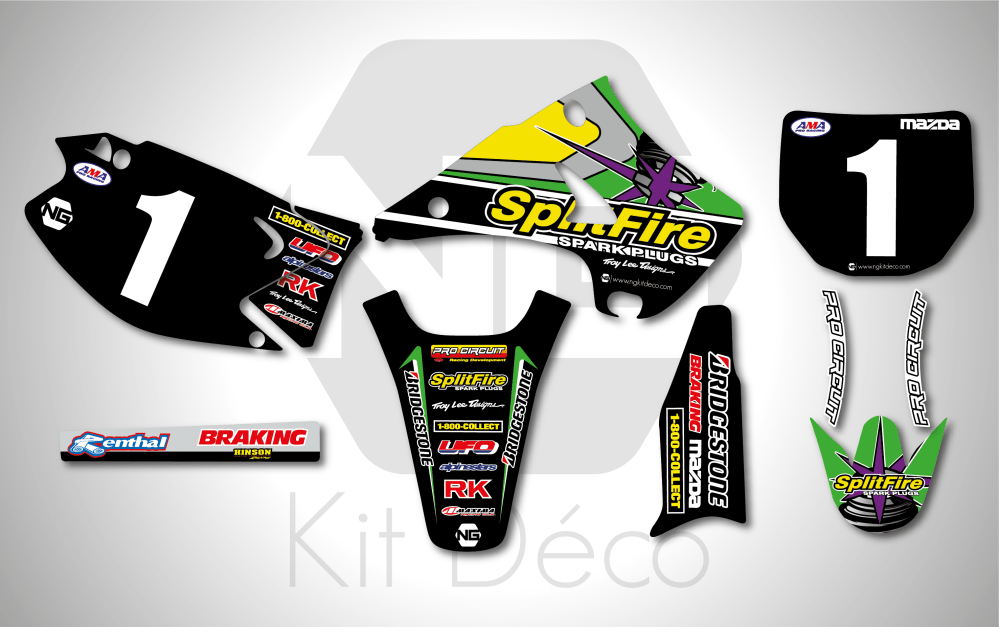 Kit déco SPILTFIRE PRO CIRCUIT Réplica Kawasaki 125 / 250 KX de 2003 à 2008